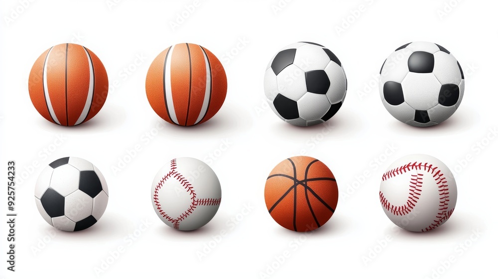 4 various different sports balls, rugby ball, basketball, soccer ball ...