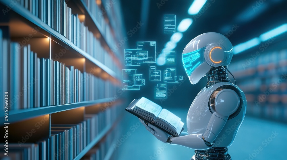 A futuristic robot reading a book in a high-tech library filled with ...