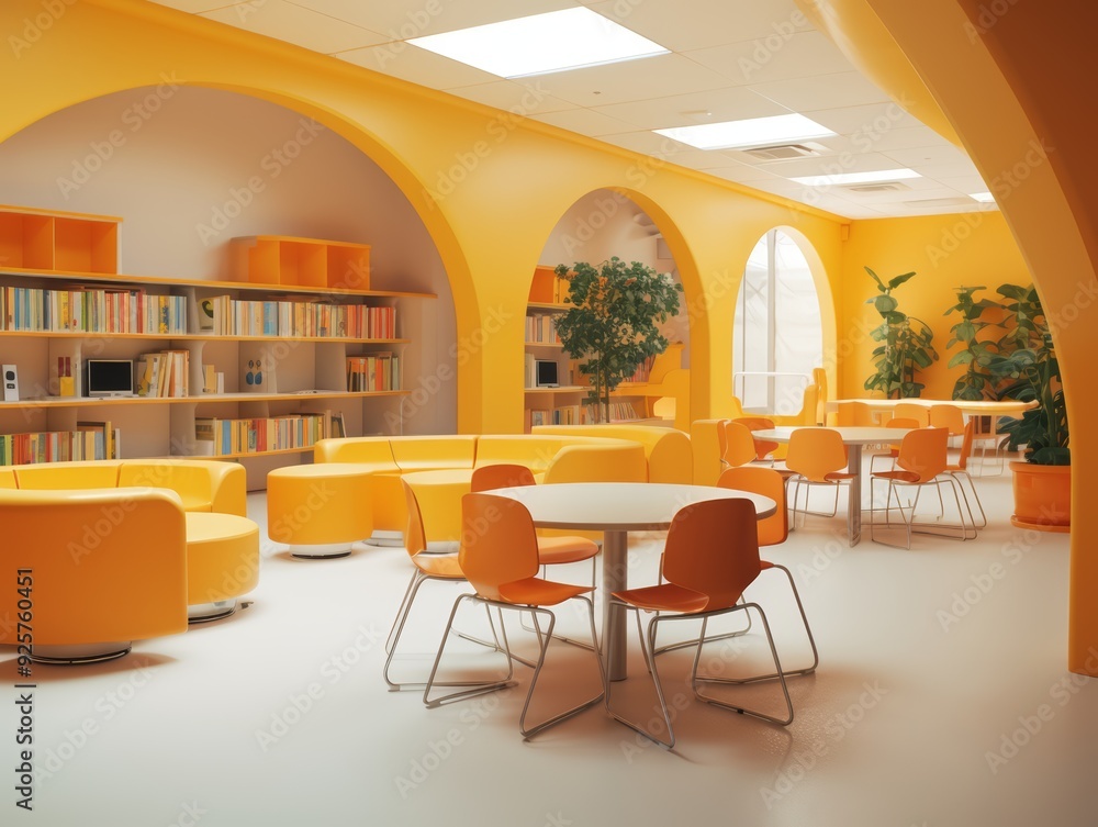 Orange and white modern library with arches, bookshelves, tables ...