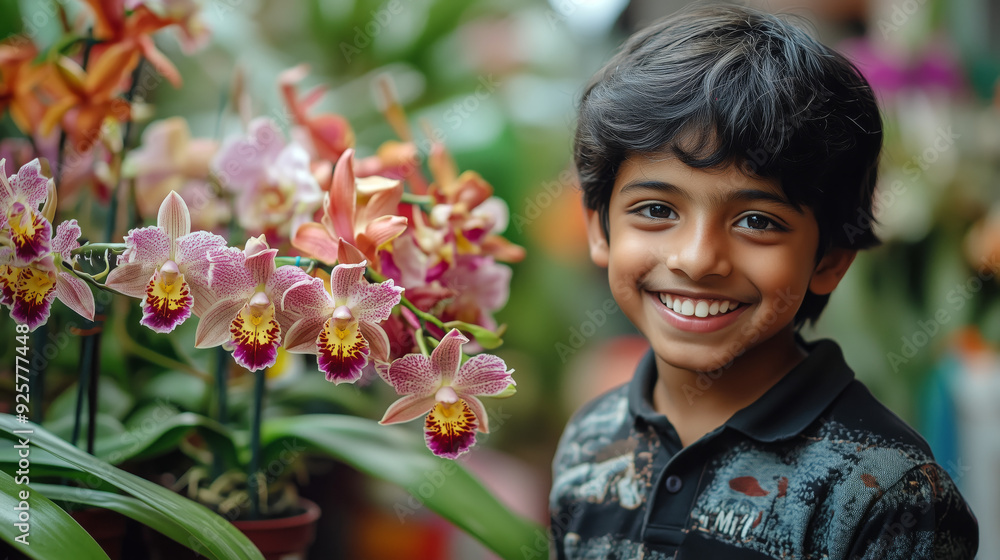 child and orchid, kid with orchid plant, orchid child, youth tending to ...