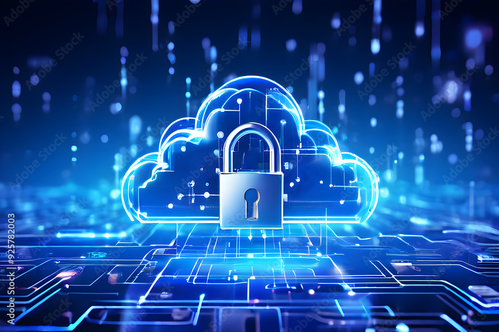 Stylized cloud icon integrates with secure padlock symbol, abstract ...