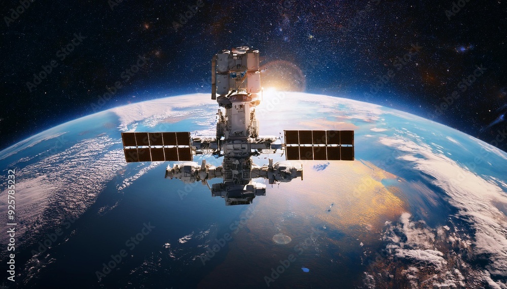 3D illustration of space station at Earth planet orbit. High quality ...