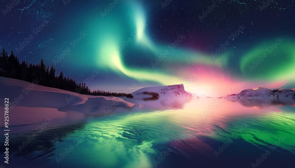 3D illustration of solar geomagnetic storm and northern lights. Aurora borealis art in 5K ...