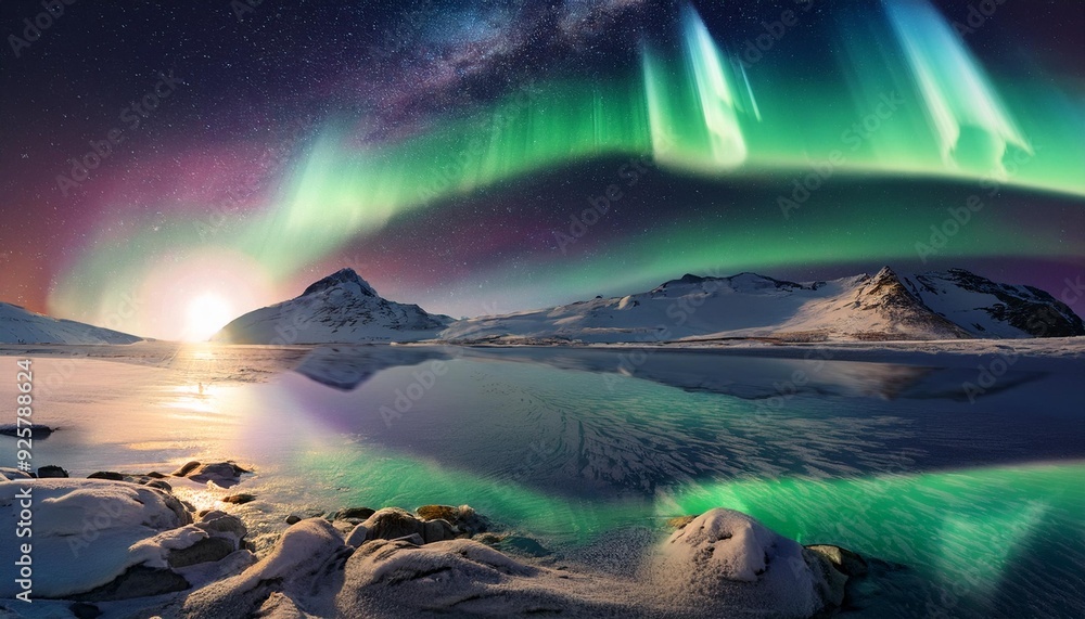 3D illustration of solar geomagnetic storm and northern lights. Aurora ...