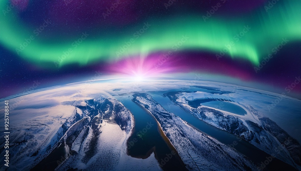 3D illustration of solar geomagnetic storm and northern lights. Aurora borealis art in 5K ...