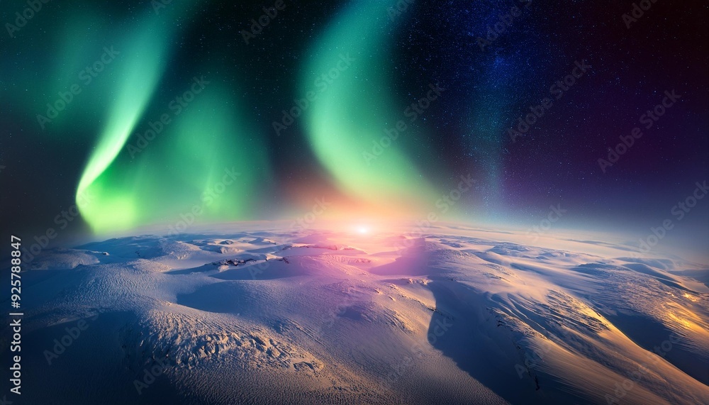3D illustration of solar geomagnetic storm and northern lights. Aurora borealis art in 5K ...