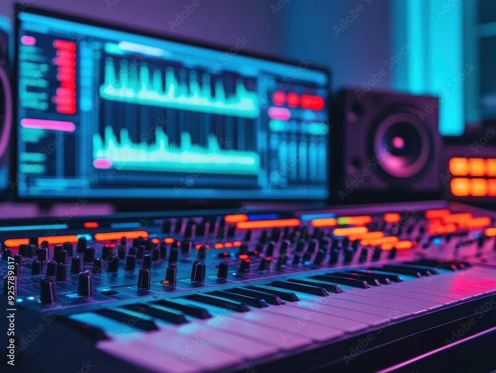 A vibrant studio setup featuring a synthesizer and computer screen ...