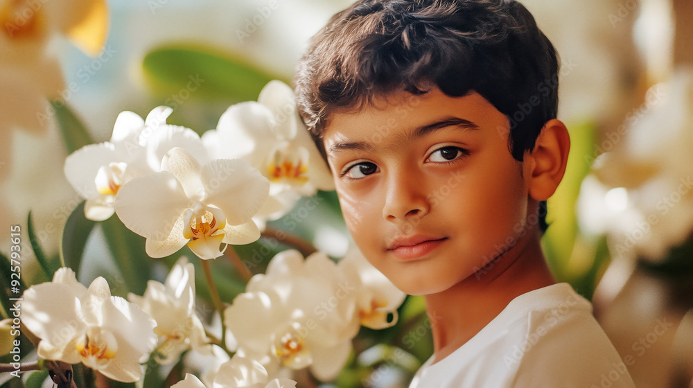 child and orchid, kid with orchid plant, orchid child, youth tending to ...