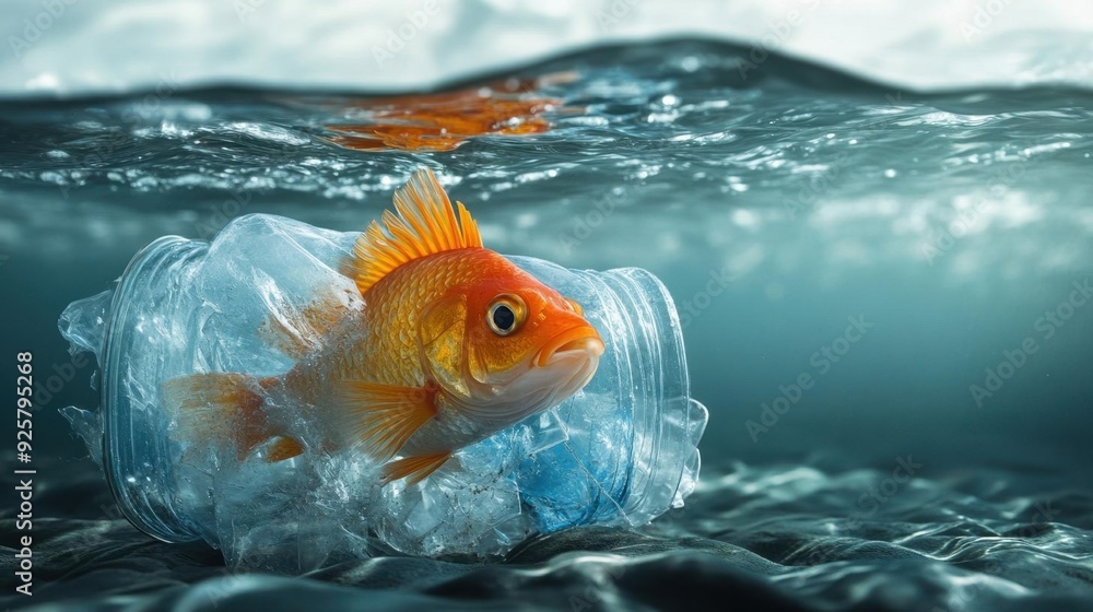 Fish trapped in a plastic bottle floating in polluted water, marine ...