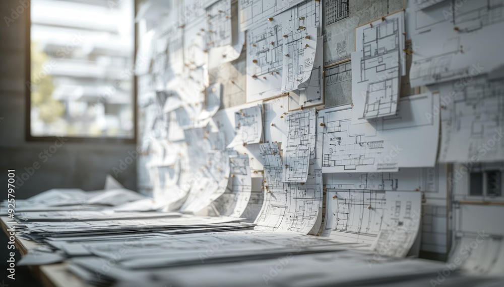 A planning board completely covered with architectural blueprints ...