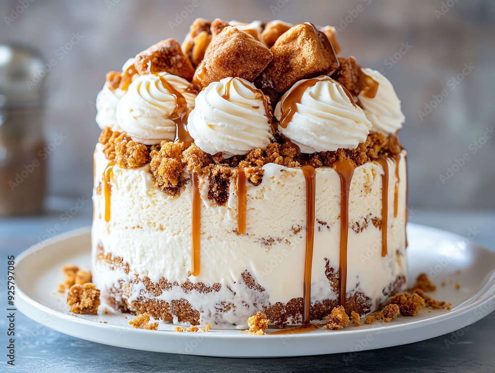 Layered ice cream cake with taffy pieces and beignet crumbs, topped ...