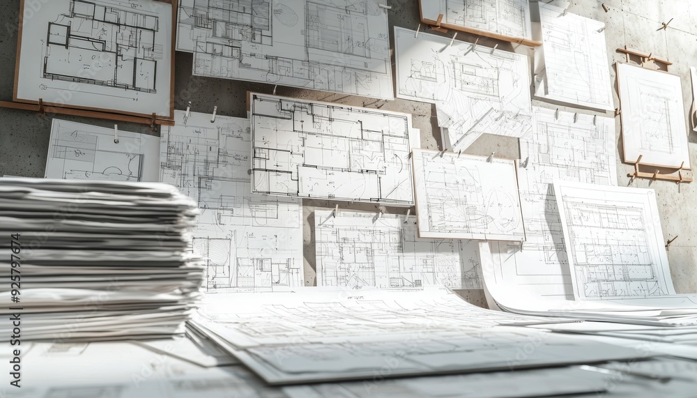 A planning board completely covered with architectural blueprints ...