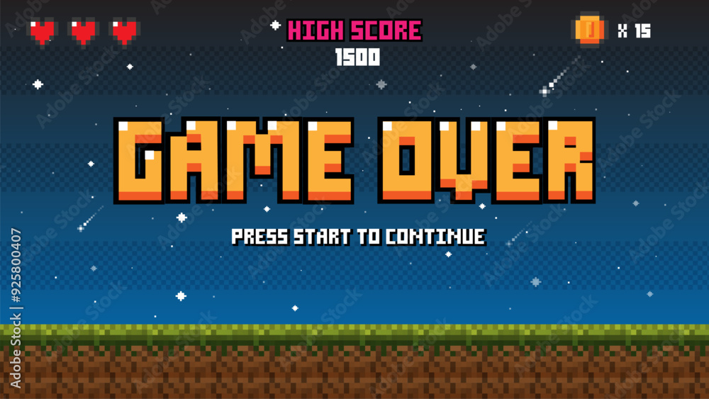 GAME OVER INSERT A COIN TO CONTINUE .pixel art .8 bit game.arcede ...