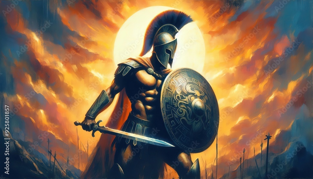 A Spartan warrior stands tall, his shield and sword at the ready, as ...