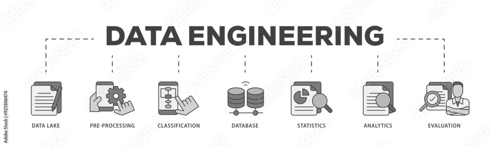 Data engineering icon infographic illustration concept with icon of data lake, pre processing ...