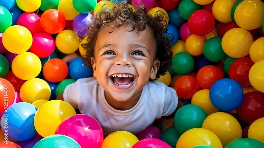 laughing child boy having fun in ball pit on birthday party in kids ...