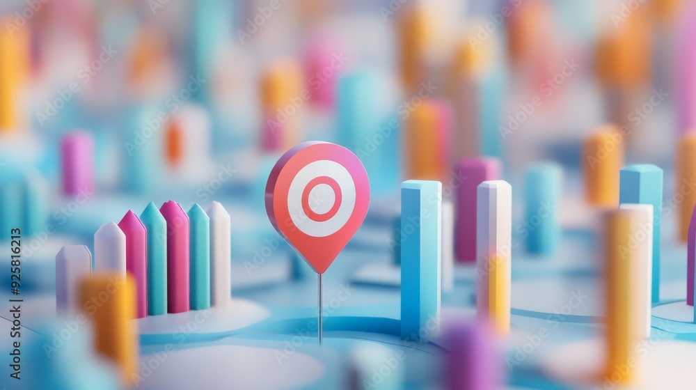 Close-up of colorful 3D city map with a red target pin highlighting a ...