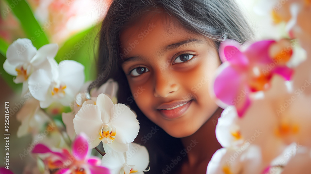 child and orchid, kid with orchid plant, orchid child, youth tending to ...