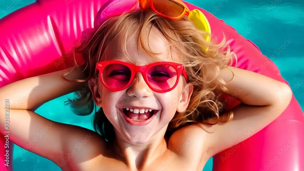 overjoyed laughing smiling exited child in swimming pool floating on ...