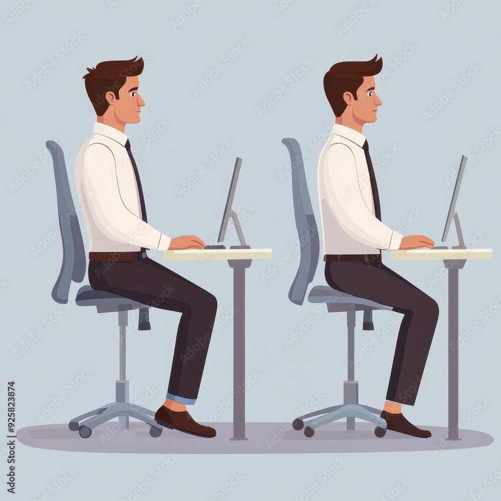 Animated depiction of poor posture leading to office syndrome, with a ...