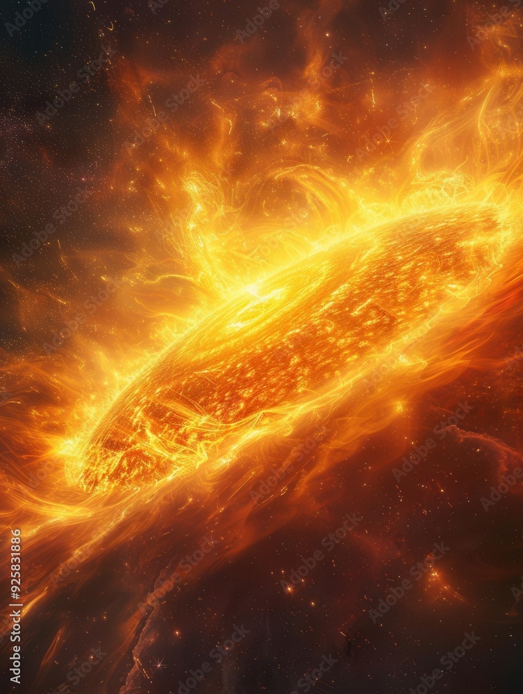 Suns corona, detailed closeup, solar flares bursting, vibrant orange ...