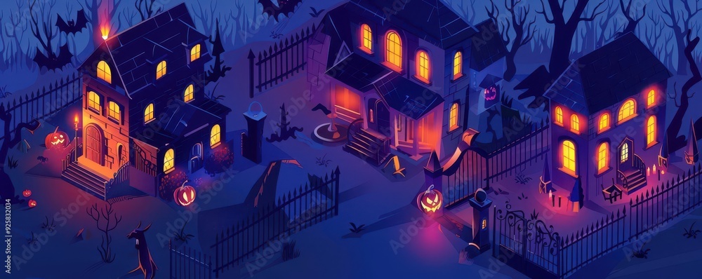 Mysterious isometric haunted house at night with glowing windows flat ...