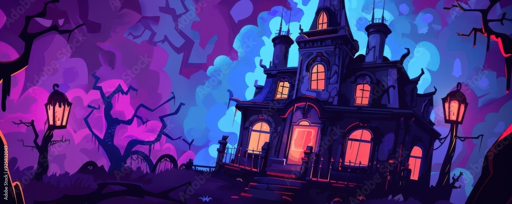 Mysterious isometric haunted house at night with glowing windows flat ...