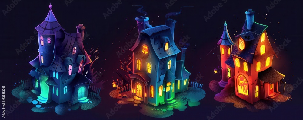 Mysterious isometric haunted house at night with glowing windows flat ...