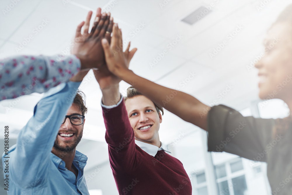 Success, high five or team in office for business, collaboration or happy in company. Victory ...