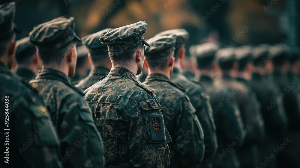 line of soldiers in military uniforms stands in formation, showcasing ...