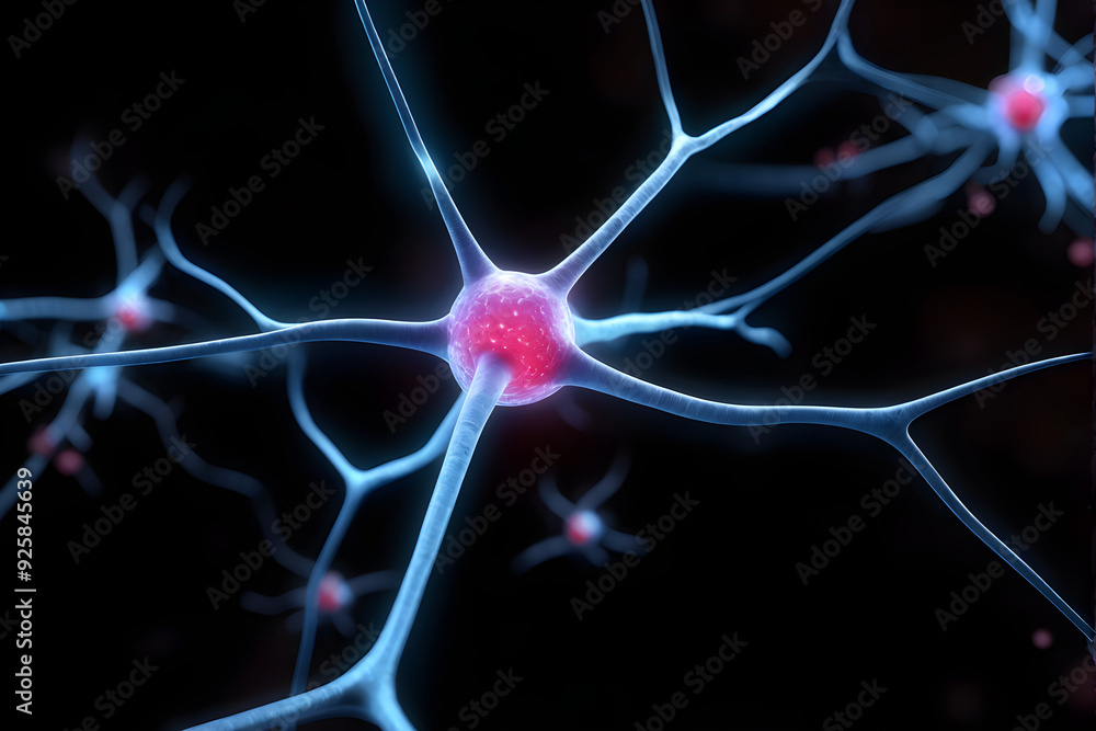 Firing Neurons 3d rendered image of Neuron cell network on black background. Conceptual medical ...