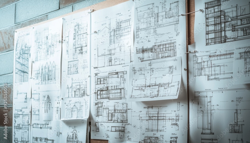 A planning board completely covered with architectural blueprints ...