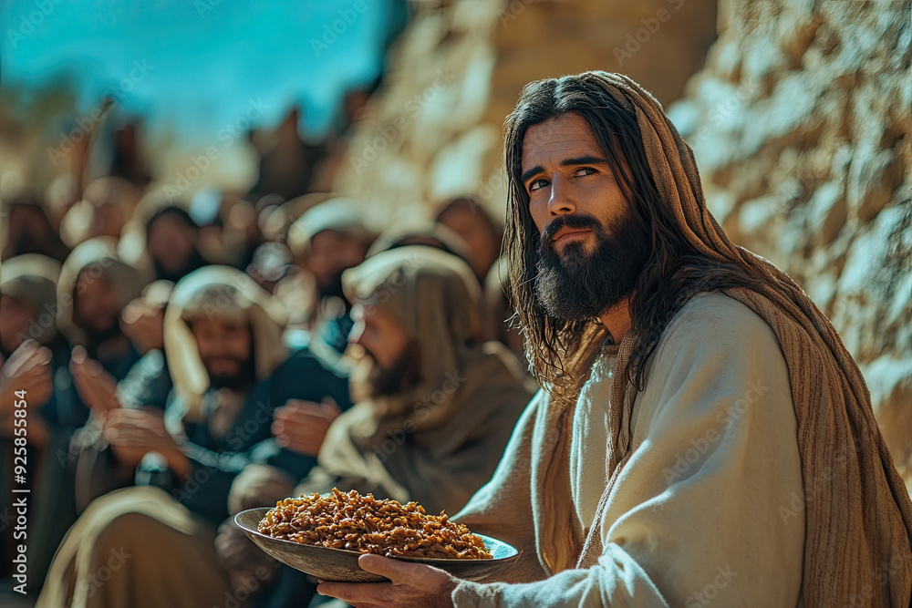 Jesus feeding five thousand, Bible story illustration, Biblical ...