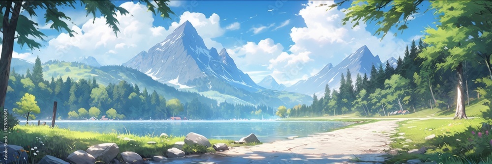 Lakeside Promenade with a Stunning Mountain View: An Anime-Style ...