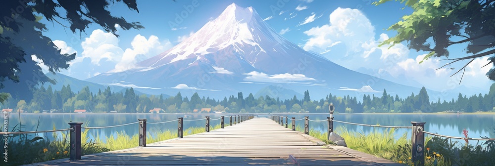 Lakeside Promenade with a Stunning Mountain View: An Anime-Style ...