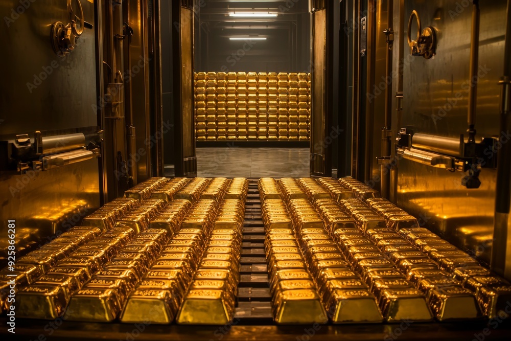 A close-up shot of a gleaming gold bar inside a giant vault, with rows upon rows of gold bars ...