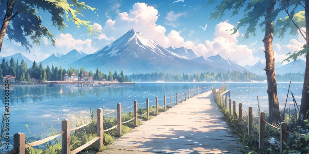 Lakeside Promenade with a Stunning Mountain View: An Anime-Style ...