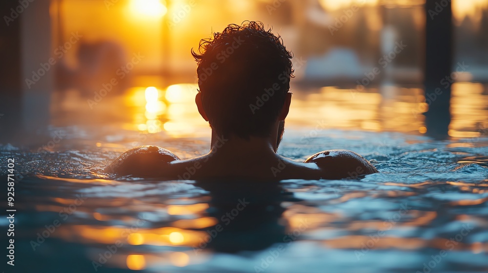Athlete soaking in a hot mineral bath at a wellness spa, muscles ...