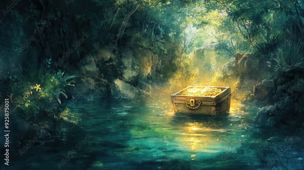 Glowing treasure chest in a hidden lagoon, secluded wealth, watercolor ...