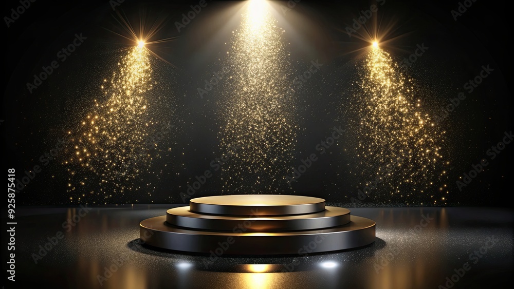 Black podium stage with gold award glitter light and platform pedestal ...