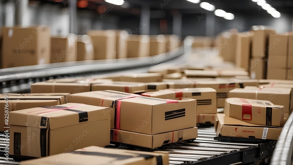 A close-up of many cardboard box parcels showing automation, items, e ...