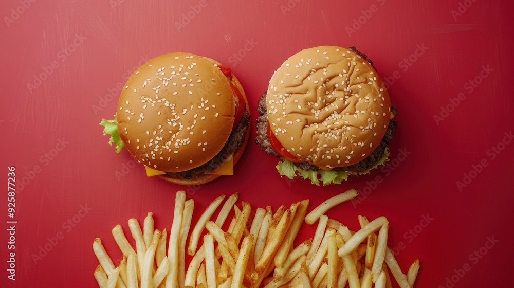 Food and diet concept. French fries and hamburger for snack. Fast food ...