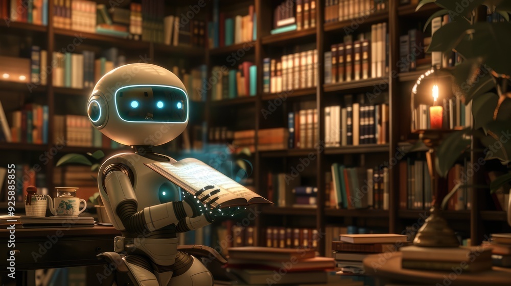 A novelist in a cozy library with an AI assistant as a friendly robot ...
