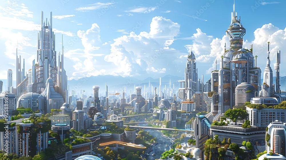 A panoramic view of the city skyline in the 2060s, fully integrated ...