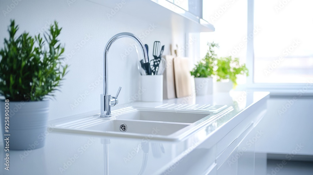 Built-In Sink. Interior Detail of White Kitchen Sink and Tap Water in ...