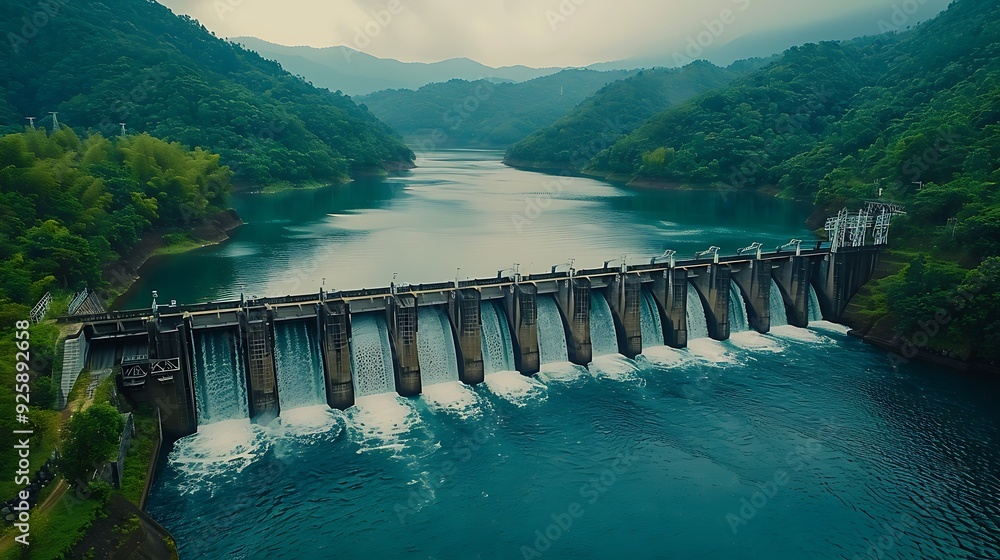 Aerial perspective of a hydroelectric dam in the early 2000s, water ...