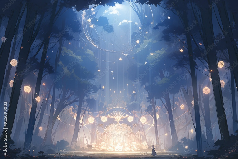 Mystical Stage Ambiance: Billowing Curtains, Hazy Forest Backdrop, and ...