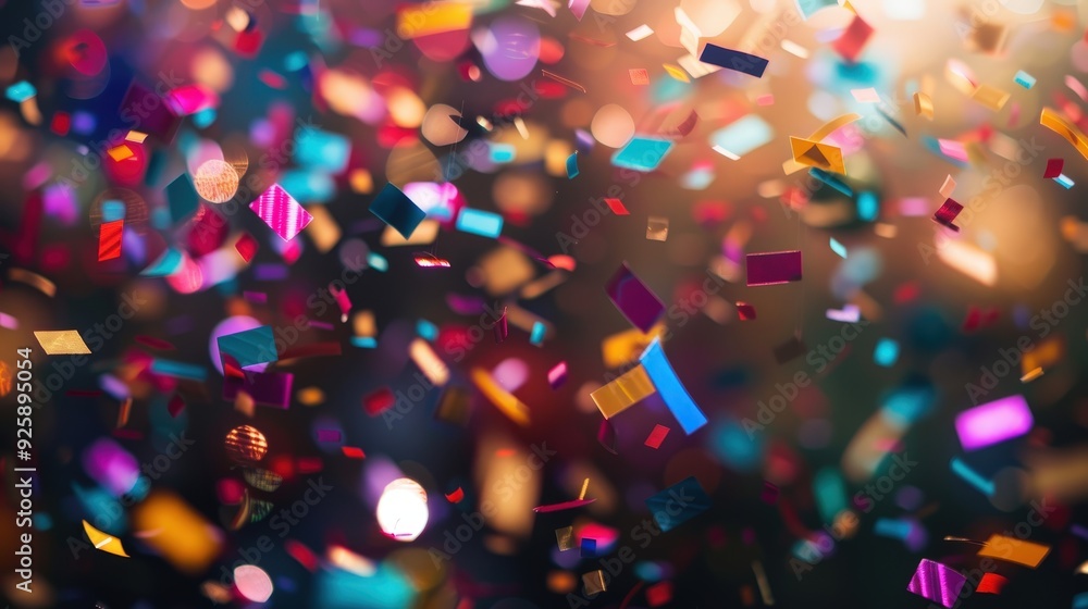 Create a New Year's Eve party scene with confetti falling at the stroke ...