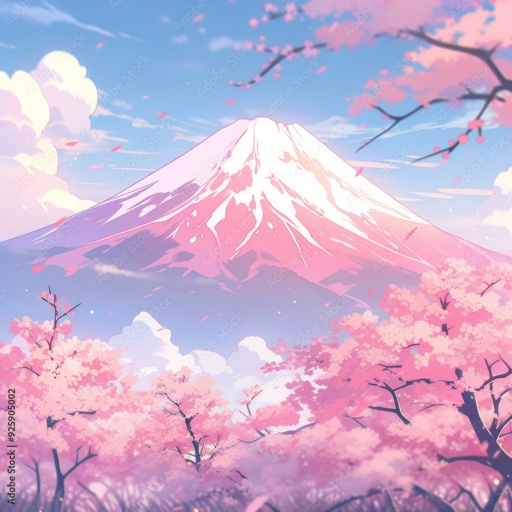 Enchanting Anime-Style Pink Mount Fuji Wallpaper: A Cherry Blossom ...