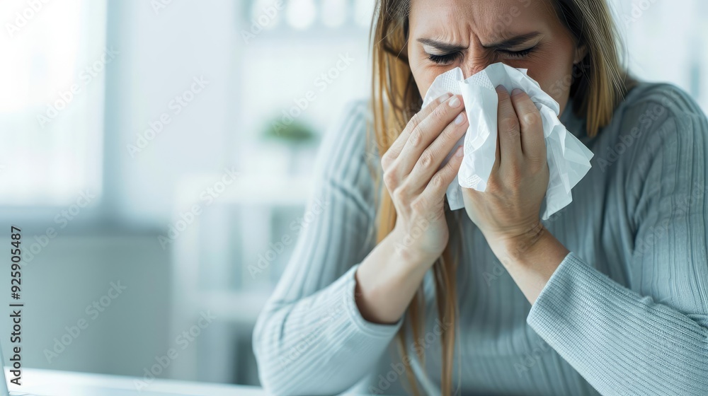 Office worker at their desk, coughing into a tissue, hand on their ...